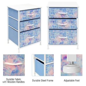 Sorbus Nightstand Storage Organizer with 3 Drawers - Kids Girls, Boys Bedroom Furniture Storage Chest for Clothes, Closet Organization - Steel Frame, Wood Top, Fabric Bin (Pastel Tie-dye Blue/Pink)