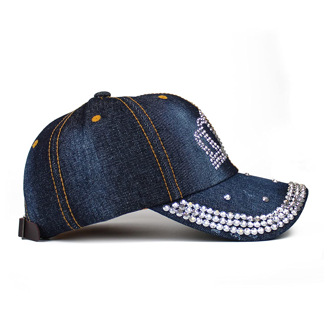 Gudessly Adjustable Women’s Bling Rhinestone Bejeweled Cotton Denim Baseball Cap Hip Hop Hat (A-Crown Dark Blue)