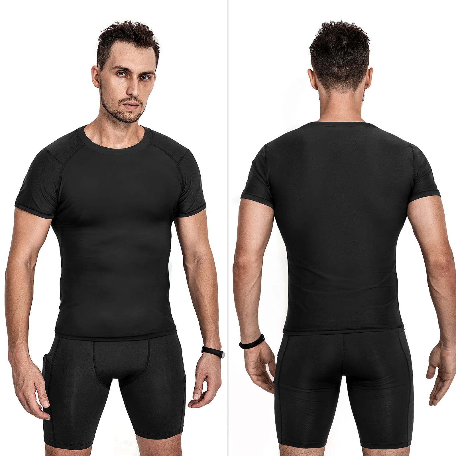 Niksa Men's Compression Shirts 3/5 Pack, Short Sleeve Athletic Compression Tops Cool Dry Workout T Shirt Dark Black