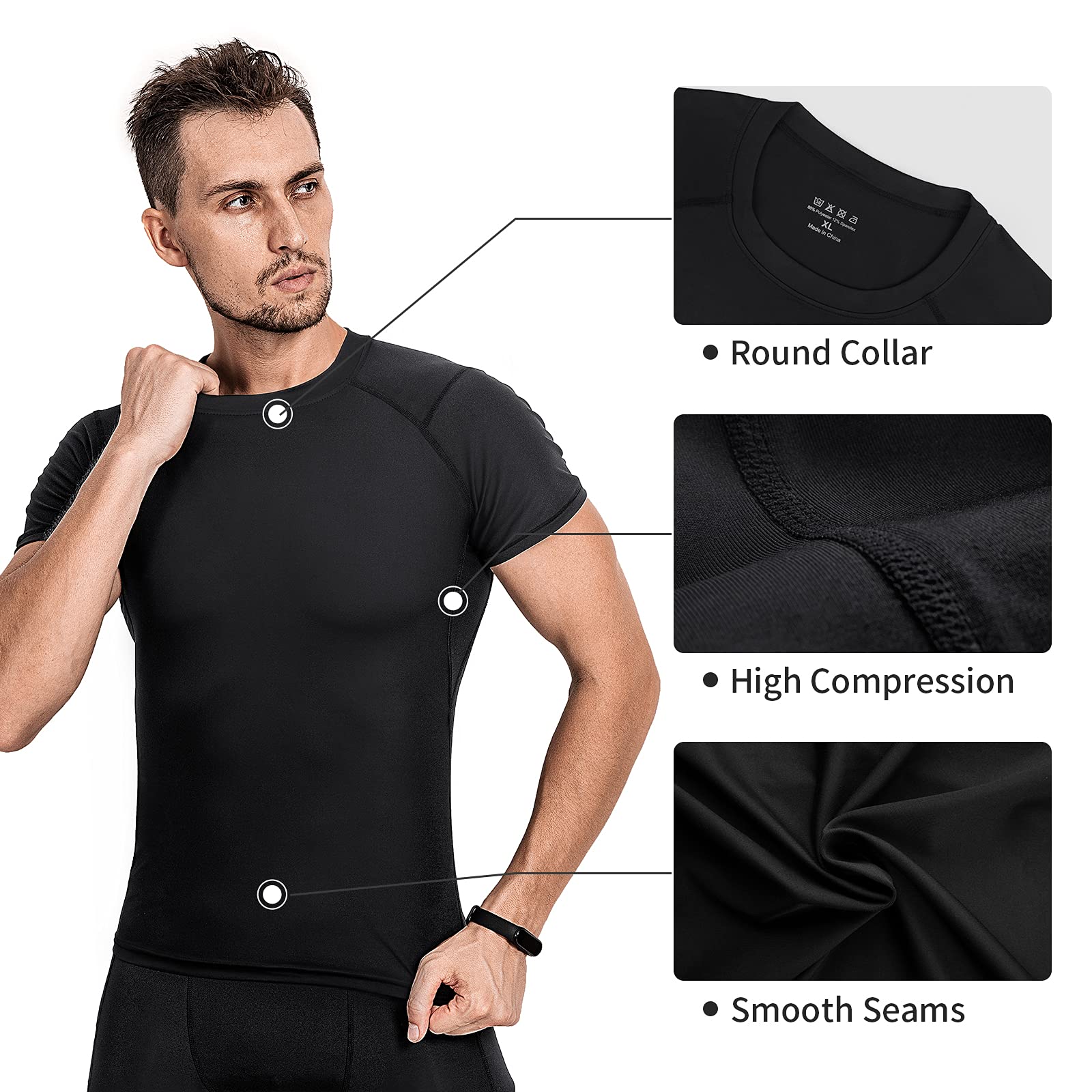 Niksa Men's Compression Shirts 3/5 Pack, Short Sleeve Athletic Compression Tops Cool Dry Workout T Shirt Dark Black