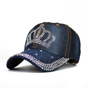 gudessly adjustable women’s bling rhinestone bejeweled cotton denim baseball cap hip hop hat (a-crown dark blue)