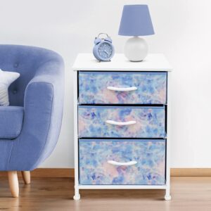 Sorbus Nightstand Storage Organizer with 3 Drawers - Kids Girls, Boys Bedroom Furniture Storage Chest for Clothes, Closet Organization - Steel Frame, Wood Top, Fabric Bin (Pastel Tie-dye Blue/Pink)