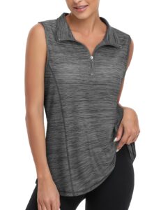 viracy tennis shirts for women, women's zip up golf workout tank tops sleeveless quick dry athletic polo shirts dark grey x-large