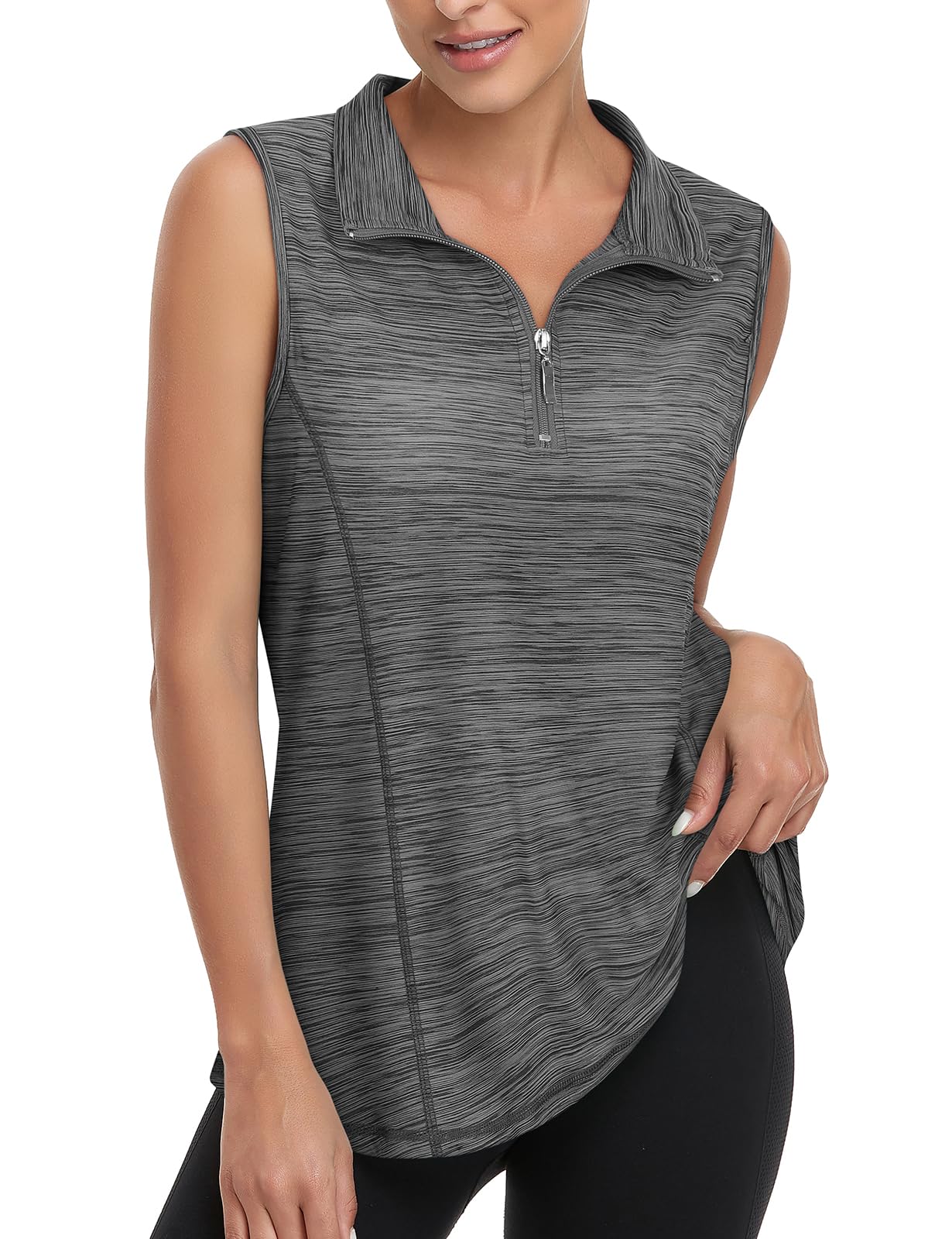 Viracy Tennis Shirts for Women, Women's Zip Up Golf Workout Tank Tops Sleeveless Quick Dry Athletic Polo Shirts Dark Grey X-Large