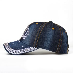 Gudessly Adjustable Women’s Bling Rhinestone Bejeweled Cotton Denim Baseball Cap Hip Hop Hat (A-Crown Dark Blue)