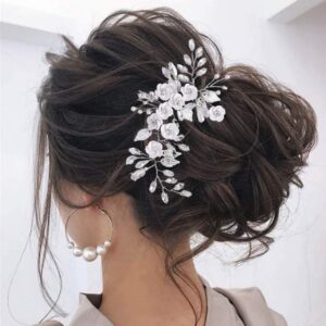 Latious Silver Flower Bride Wedding Hair Vine Crystal Bridal Hair Piece Rhinestone Hair Accessories Leaf Hair Jewelry for Women and Girls(5.5Inches) (A-Silver)