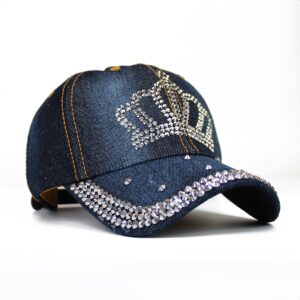 Gudessly Adjustable Women’s Bling Rhinestone Bejeweled Cotton Denim Baseball Cap Hip Hop Hat (A-Crown Dark Blue)