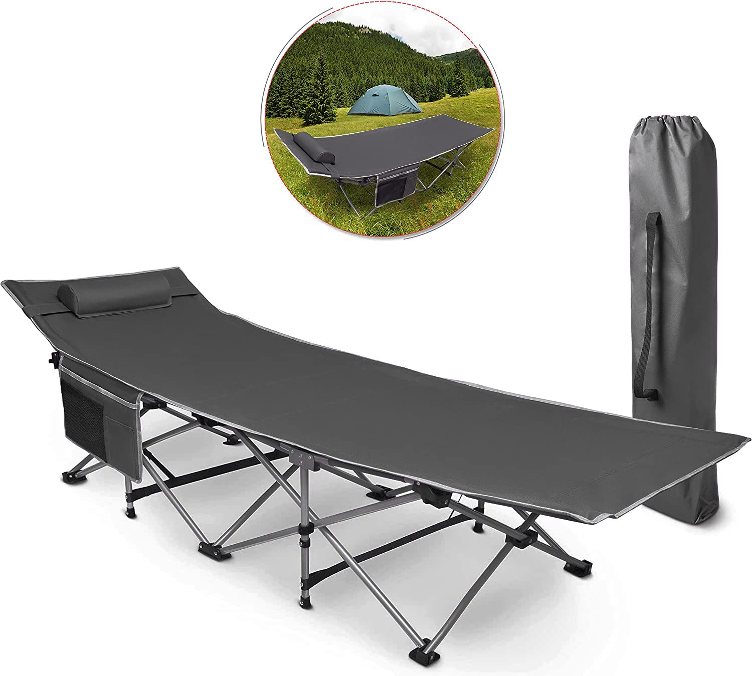 VaygWay Outdoor Folding Camping Travel Cot - Grey Lightweight Comfortable Portable Heavy Duty Foldable Cot – Sleeping Travel Bed w/Pocket - Adults and Kids Travel Cot –Outdoor Hiking, (Grey 1 Pack)