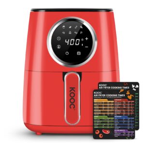 [new lanuch] kooc large air fryer, 4.5 quart electric hot oven cooker, free cheat sheet for quick reference guide, led touch digital screen, 8 in 1, customized temp/time, nonstick basket, red