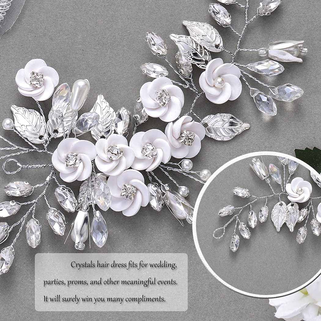 Latious Silver Flower Bride Wedding Hair Vine Crystal Bridal Hair Piece Rhinestone Hair Accessories Leaf Hair Jewelry for Women and Girls(5.5Inches) (A-Silver)