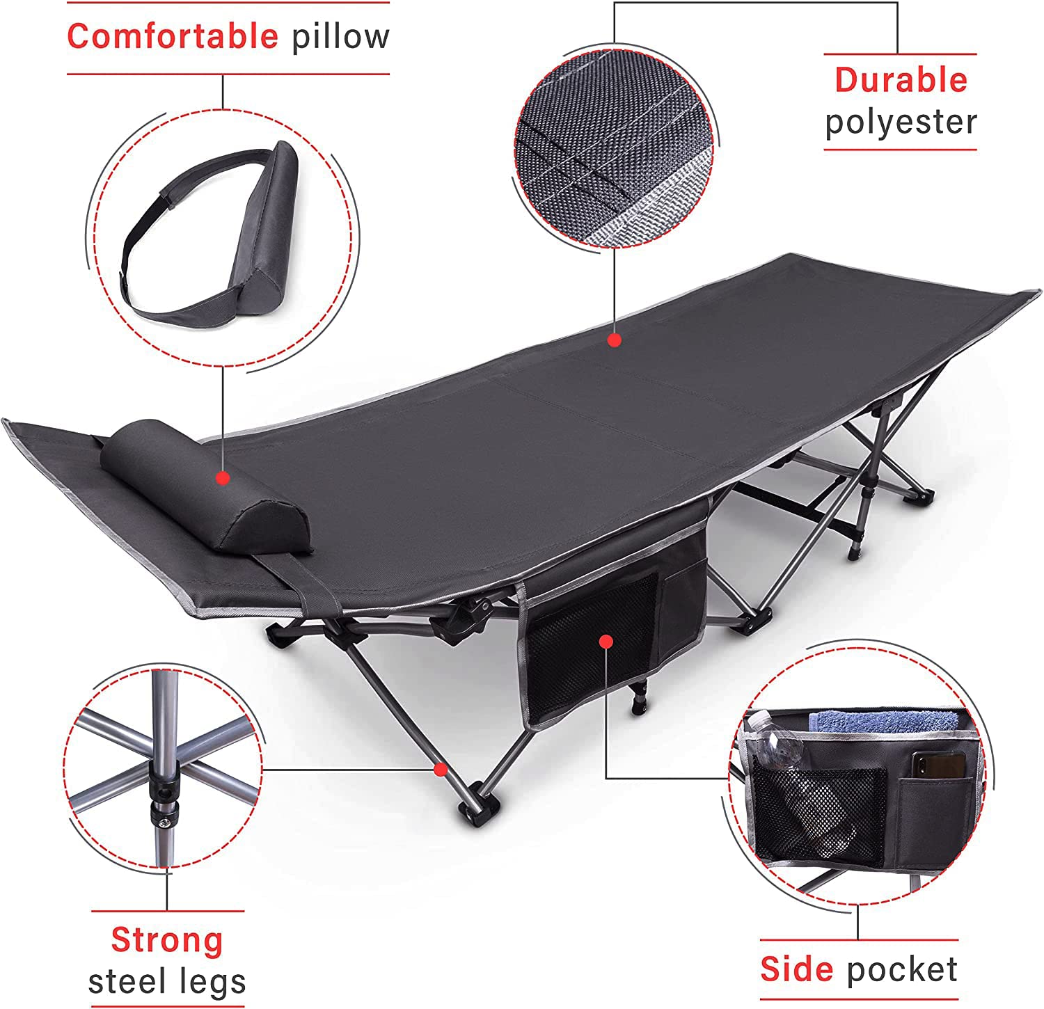 VaygWay Outdoor Folding Camping Travel Cot - Grey Lightweight Comfortable Portable Heavy Duty Foldable Cot – Sleeping Travel Bed w/Pocket - Adults and Kids Travel Cot –Outdoor Hiking, (Grey 1 Pack)