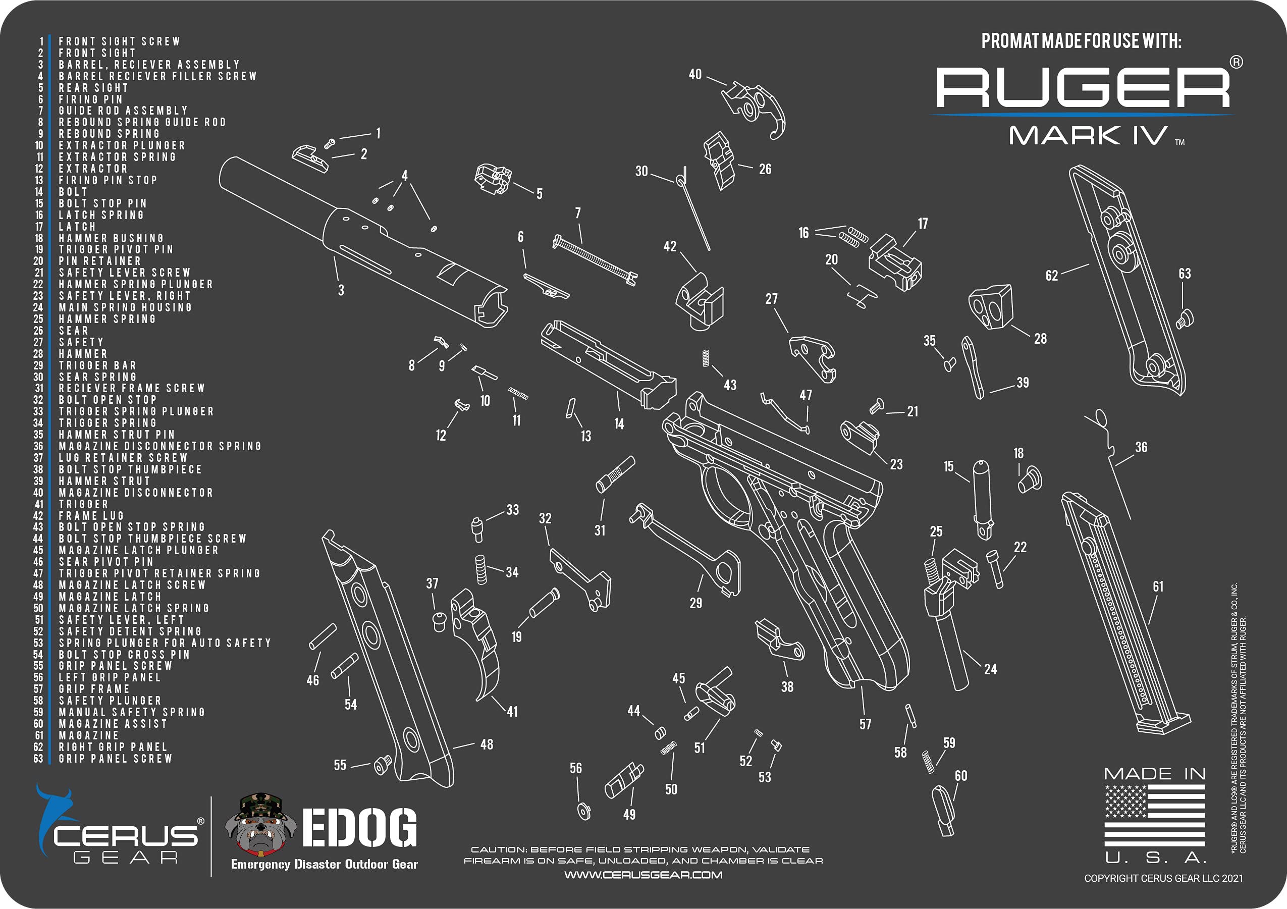 EDOG Mark 4 Gun Cleaning Mat - Schematic (Exploded View) Diagram Compatible with Ruger Mark IV Series Pistol 3 mm Padded Pad Protect Your Firearm Magazines Bench Surfaces Gun Oil Solvent Resistant