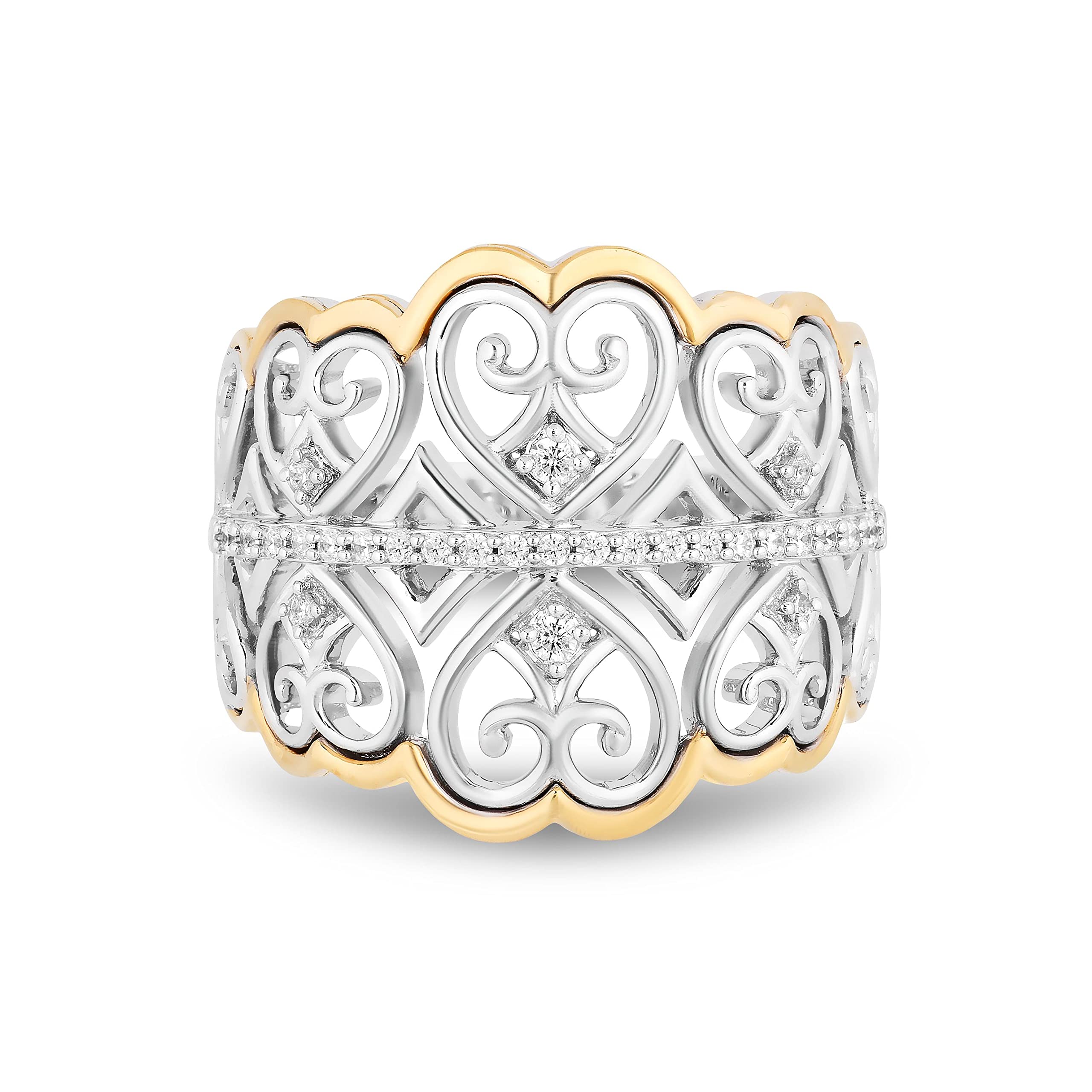 Jewelili Hallmark Fine Jewelry Sterling Silver and 14K Yellow Gold 1/6 Cttw Round White Sparkling Diamond Filigree Fashion Hearts Ring, Size 9