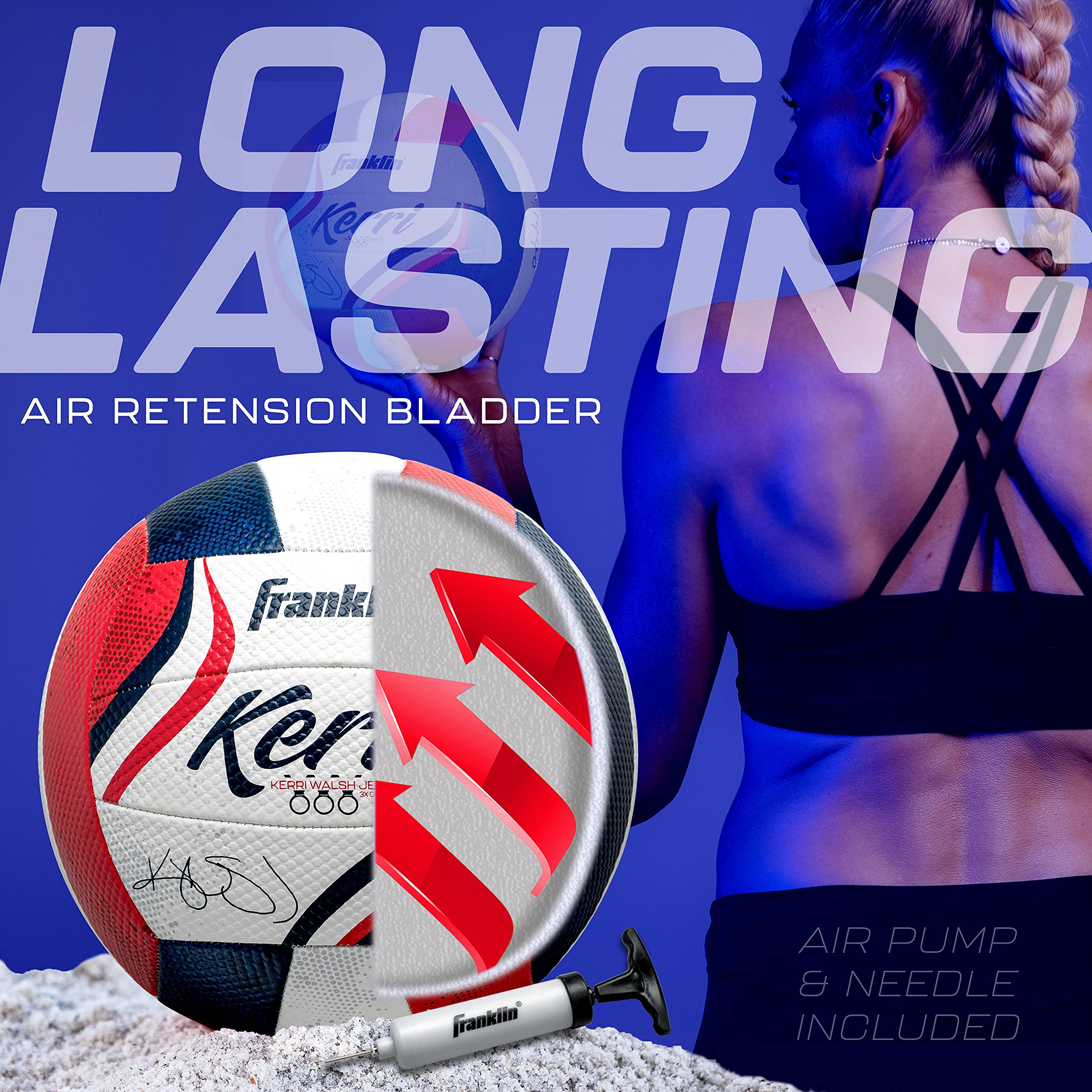 Franklin Sports Kerri Walsh USA Beach Volleyball - Soft Cover Official Size Beach + Outdoor Volleyball - Red, White + Blue Volleyball - Pump + Needle