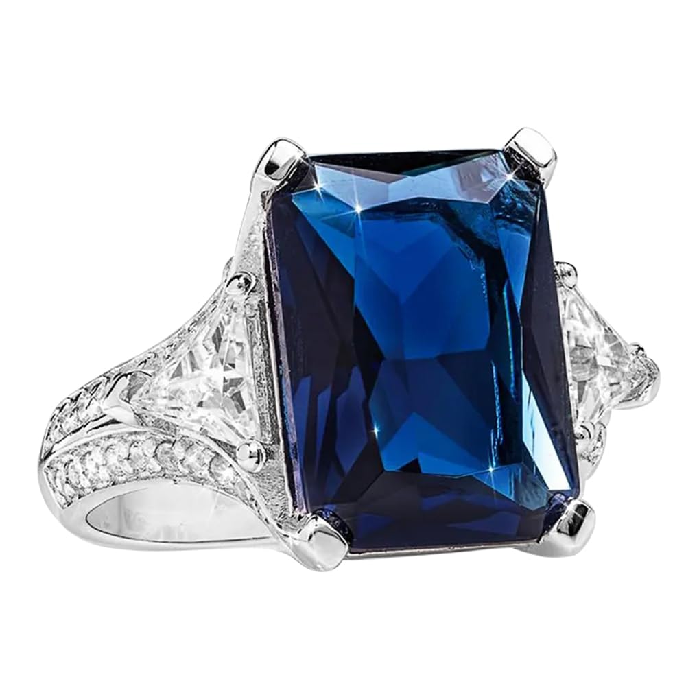 FZO Vintage Ladies 925 Sterling Silver Inlaid Sapphire Diamond Rings Square Zircon Ring Womens Shiny Blue Gemstone Engagement Wedding Promise Band coktail Ring ST.140 (8)