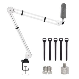 bomge microphone boom arm mic stand adjustable clip studio suspension scissor arm mount for blue snowball, ice, blue yeti,radio broadcasting and game (white)