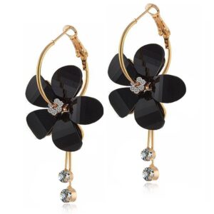 andpai elegant romantic bohemian crystal acrylic rose flower dangle drop earrings five leaves exaggerated round hoop long tassel earring for women statement jewelry gifts (black)