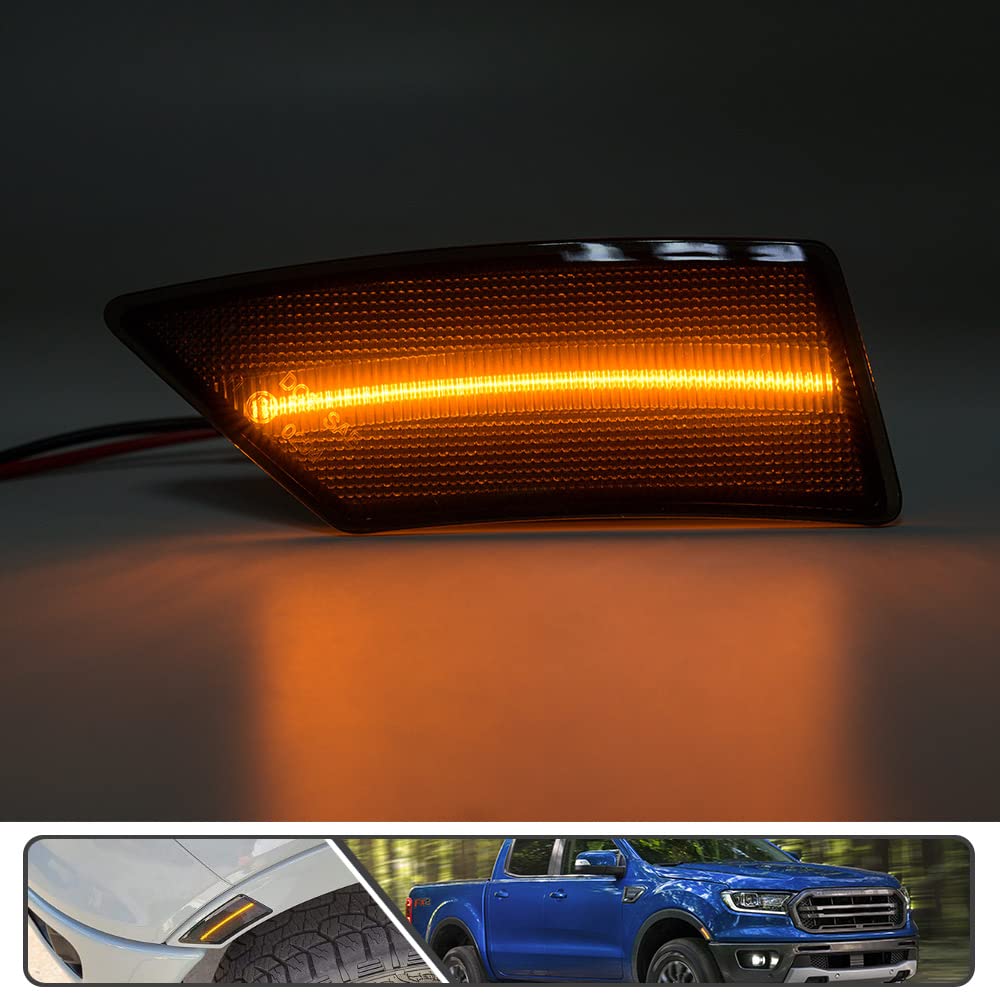 2Pcs Full LED Amber Side Marker Lights for Ford Ranger Tremor XL XLT Lariat 2019 2020 2021 Fender Indicator Turn Signal Light Replace OEM Sidemarker lamp Smoked Lens