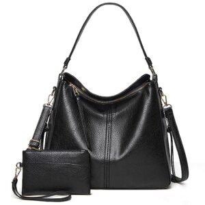 meobvg hobo bag handbags and purses for women, pu leather large tote shoulder crossbody shoulder bags set 2pcs (black)