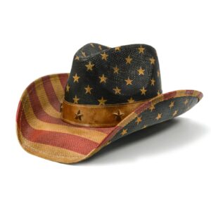 fluffy sense. vintage usa american flag cowboy hat classic tea stained patriotic western cowboy cowgirl hat with shapable brim, vintage classic