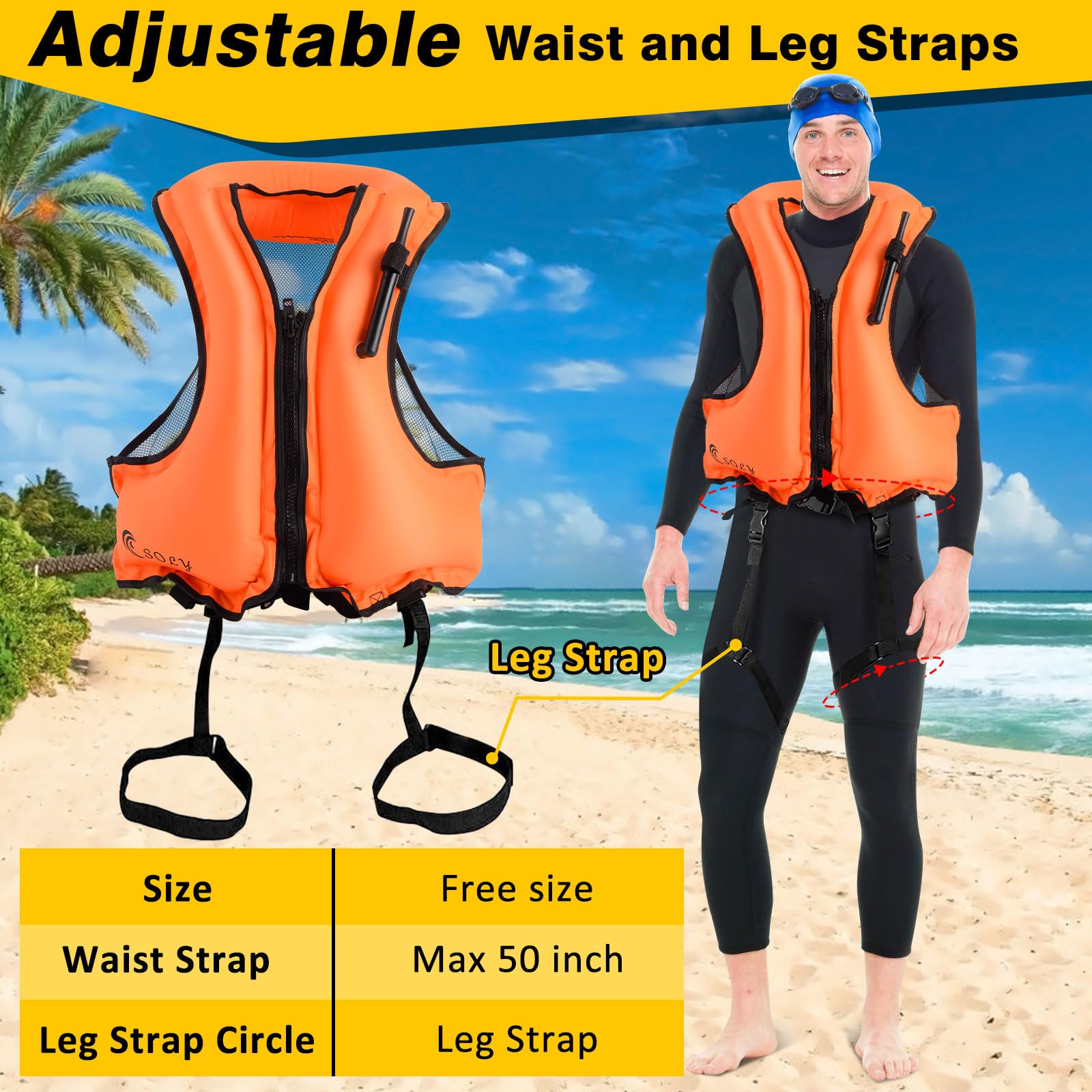 SOLY Inflatable Snorkel Vest for Adults，Snorkeling Vest，Snorkeling Vest for Kayaking Canoeing Water Sports Safety.