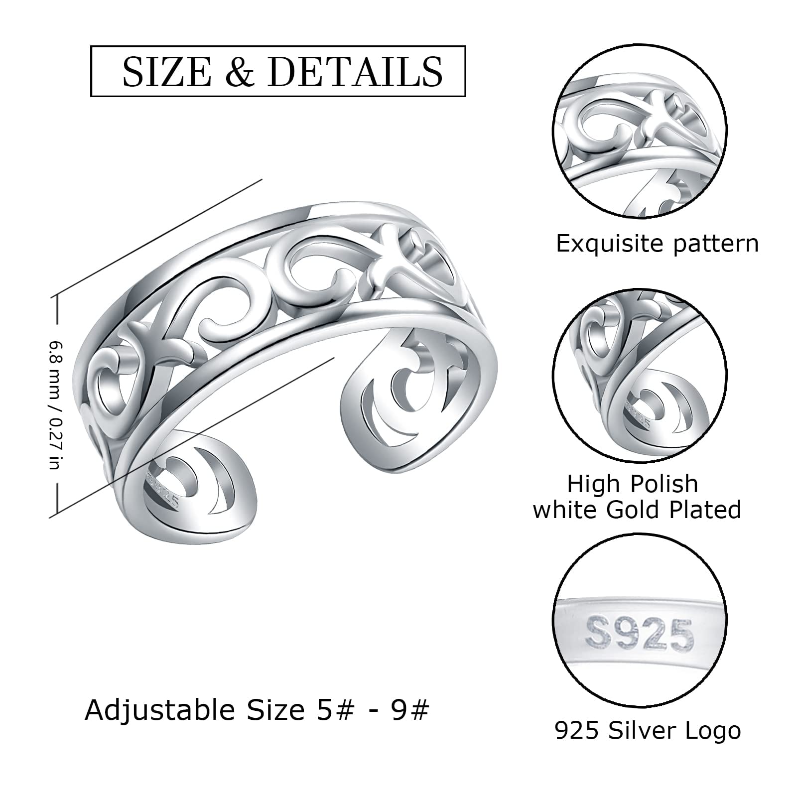 925SterlingSilver Celtic Flower Thumb Ring Baroque Open Adjustable Resizable Ring Hawaiian Leaf Dainty Tail Pinky Toe Knuckle Rings Knot Eternity Wedding Band Ring Gifts for Women Men Teen Girls,