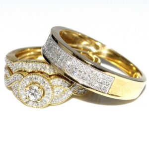 Rosie Collection Round Cut CZ Wedding Trio Ring Set for Him & Her 14K Yellow Gold Over Women's Size 5 & Men's Size 9