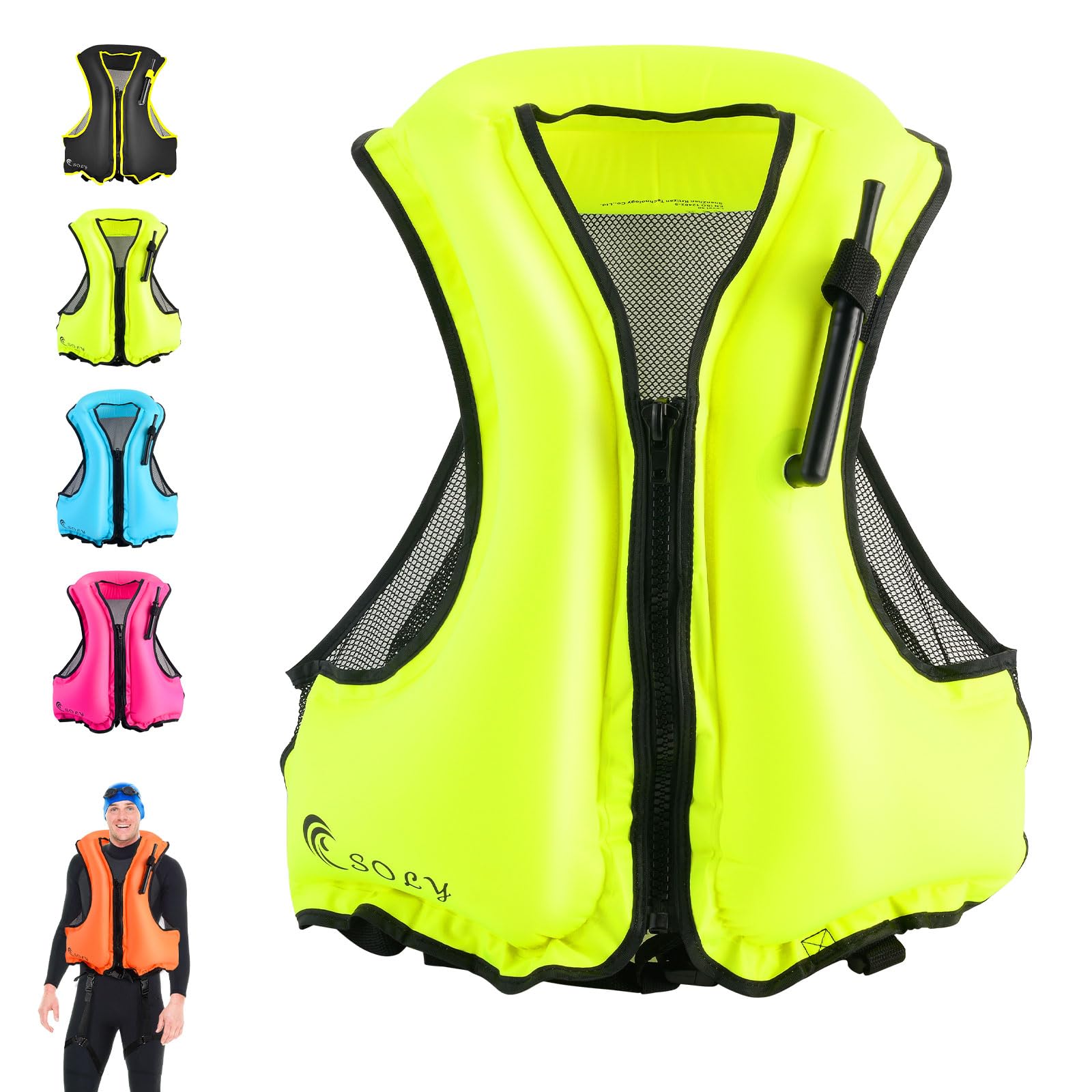 SOLY Inflatable Snorkel Jackets, Buoyancy Aid Swim Diving Jacket-Adult with Leg Straps Snorkel Vest for Swimming,Kayaking Other Low Impact Water Sports（Neon Green）