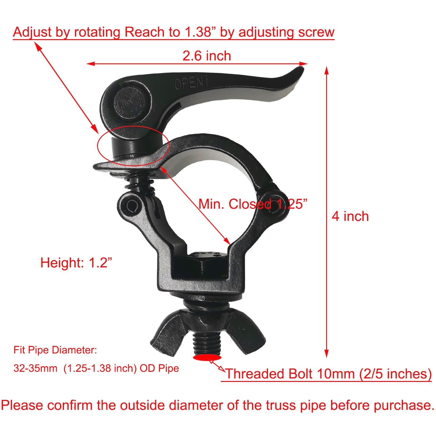 Stage Light Clamp Truss O Clamps Load 165lbs Heavy Duty DJ Aluminum Alloy Lighting Hook Mount Fit 1-1/4-1-3/8 inches 32-35mm Pipe Dia.