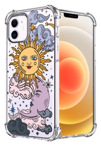 heyorun sun moon design clear case compatible for iphone 12 pro and iphone 12, star cloud girls and women back case cover, cute cartoons transparent soft tpu bumper shockproof protective phone case