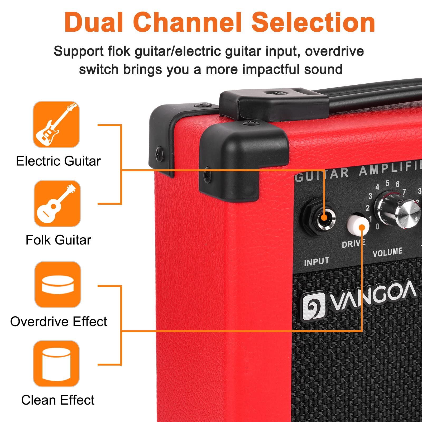 Vangoa Electric Guitar Amp, 10W Combo Amplifier for Electric Guitar Mini Portable Acoustic Guitar Amp with Headphone Jack and Distortion Tone,Red