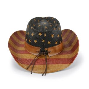 FLUFFY SENSE. Vintage USA American Flag Cowboy Hat Classic Tea Stained Patriotic Western Cowboy Cowgirl Hat with Shapable Brim, Vintage Classic