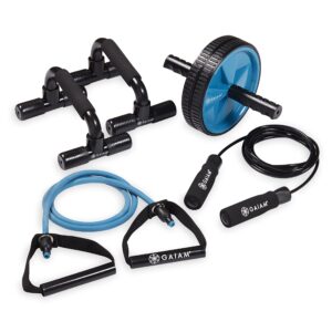 gaiam home gym kit equipment set for men and women - includes ab wheel, jump rope, push-up bars, resistance band with handles, and complimentary exercise guide - for total body workout at home