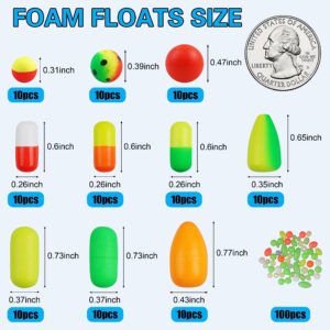 Pompano Rig Floats Beads Kit, 300pcs Pompano Floats Fishing Beads Set Foam Snell Floats Bobbers for Surf Fishing Live Bait Walleye Rig Making Bullet Cylinder Oval Foam Floats