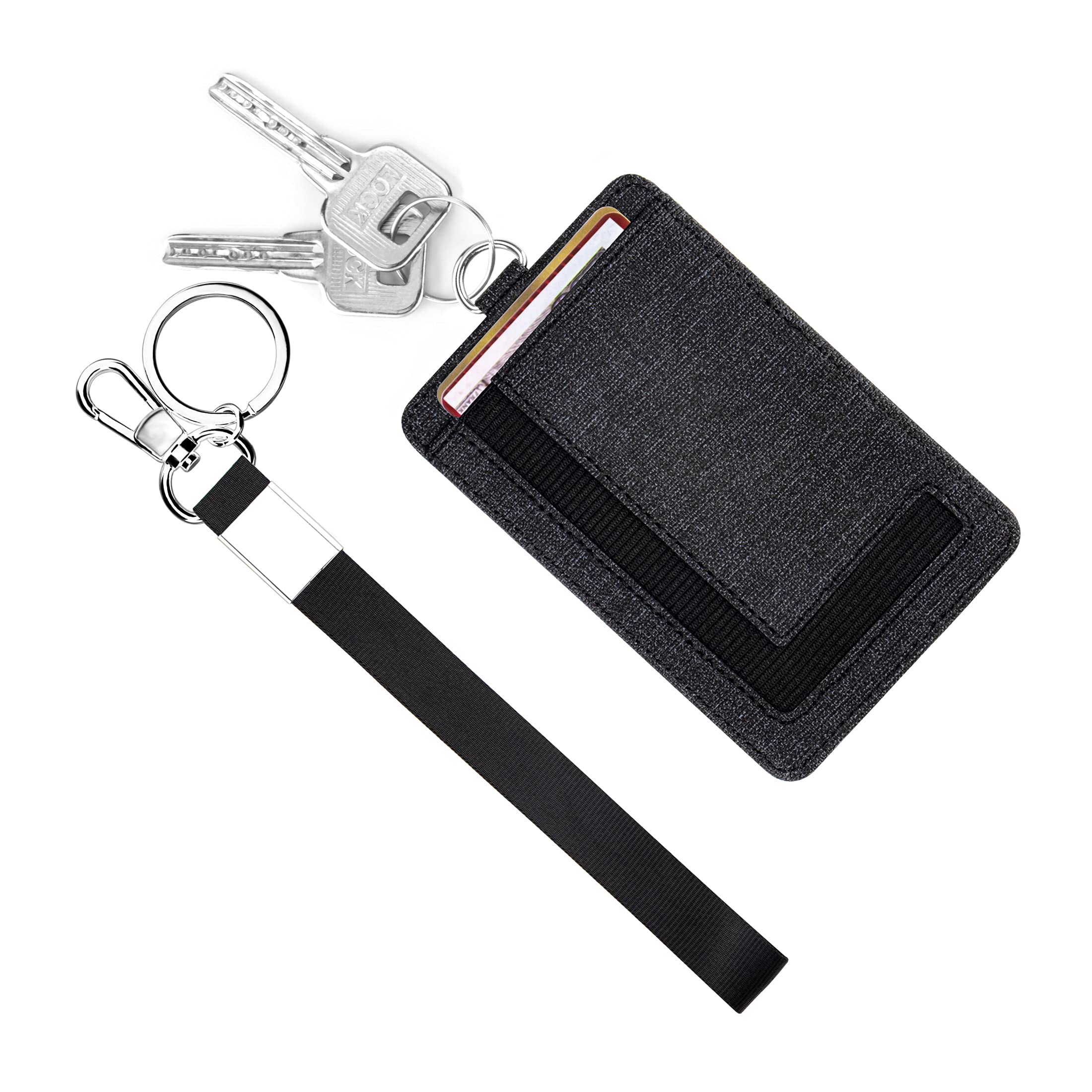 Suweibuke Women Small Wristlet Keychain Wallet Slim Minimalist Lanyard Card Case Holder ID Case Wallet with Detachable Keychain Wristlet (A-Black)