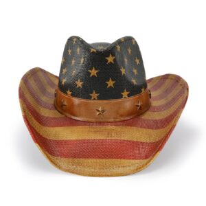 FLUFFY SENSE. Vintage USA American Flag Cowboy Hat Classic Tea Stained Patriotic Western Cowboy Cowgirl Hat with Shapable Brim, Vintage Classic