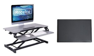 rocelco standing desk converter and floor mat - 31.5 inch sit stand up dual monitor tabletop riser with tablet mount, height adjustable workstation - deep keyboard tray - gray (r vadrg-mafm)