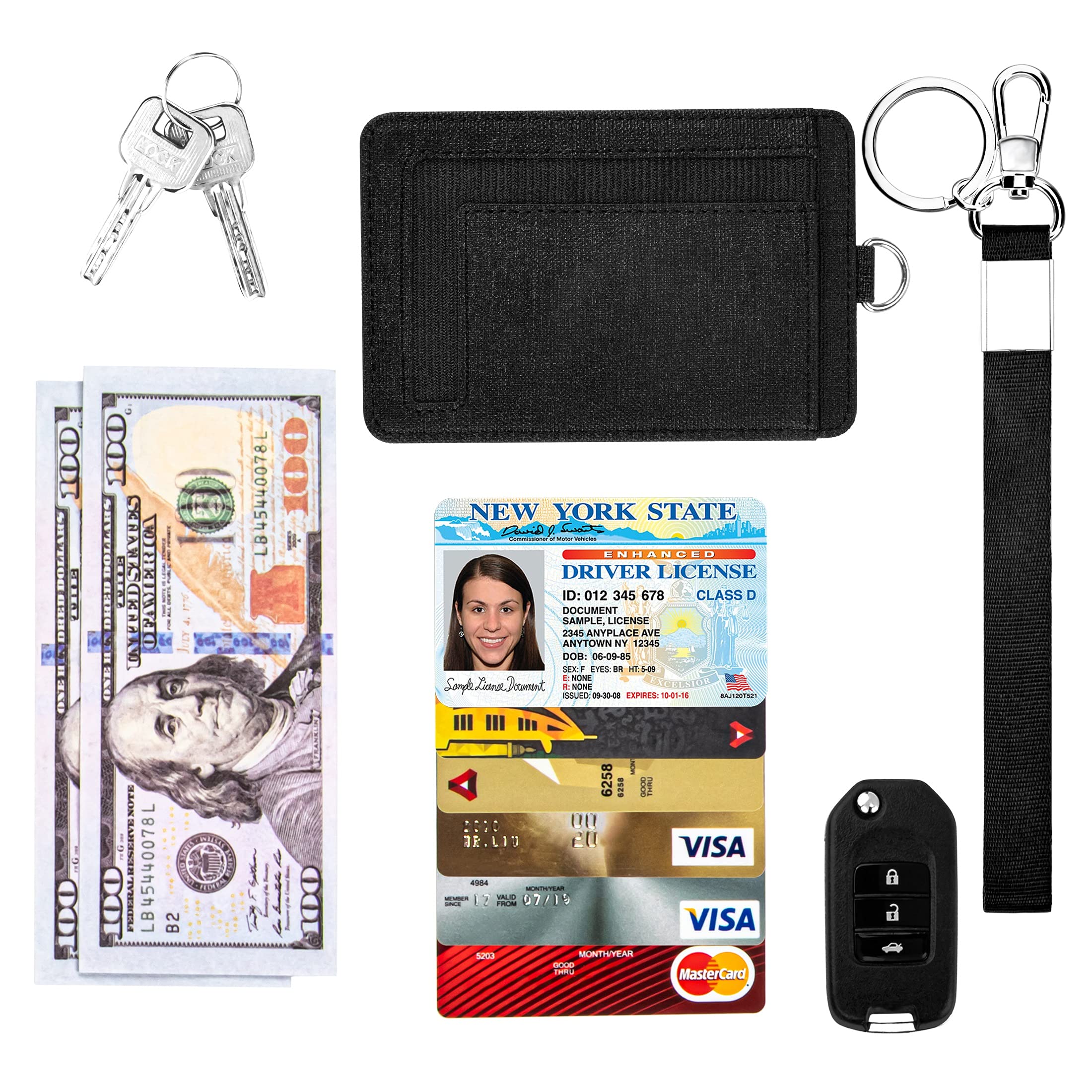 Suweibuke Women Small Wristlet Keychain Wallet Slim Minimalist Lanyard Card Case Holder ID Case Wallet with Detachable Keychain Wristlet (A-Black)