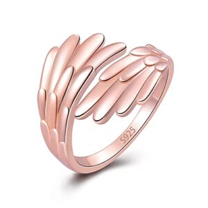 iohupci feather angel wings adjustable dainty white gold plated sterling silver open ring for women/men//teens gifts (rose gold)