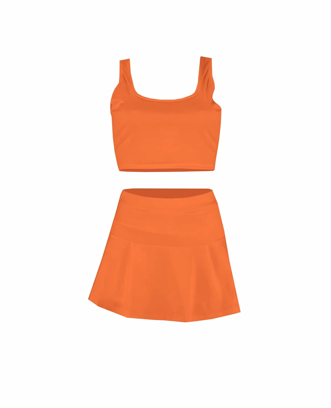 Sexy Sports 2 Piece Outfits - Slim Tank Crop Top High Waist Tennis Golf Pleated Skirt Bodycon Athletic Suit Orange M