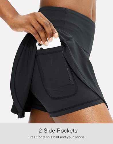 SANTINY Pleated Tennis Skirt for Women with 4 Pockets, High Waisted Athletic Golf Skorts Skirts for Running Casual (Black_M)