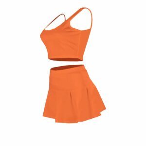 Sexy Sports 2 Piece Outfits - Slim Tank Crop Top High Waist Tennis Golf Pleated Skirt Bodycon Athletic Suit Orange M