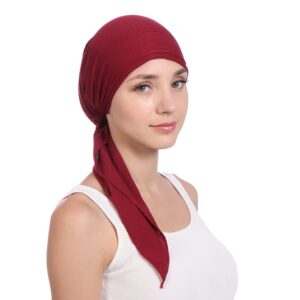 sweat wicking skull cap beanie helmet liner quick dry bandana head wrap bicycle head pirate scarf chemo cap (wine red (with horizontal stripes))