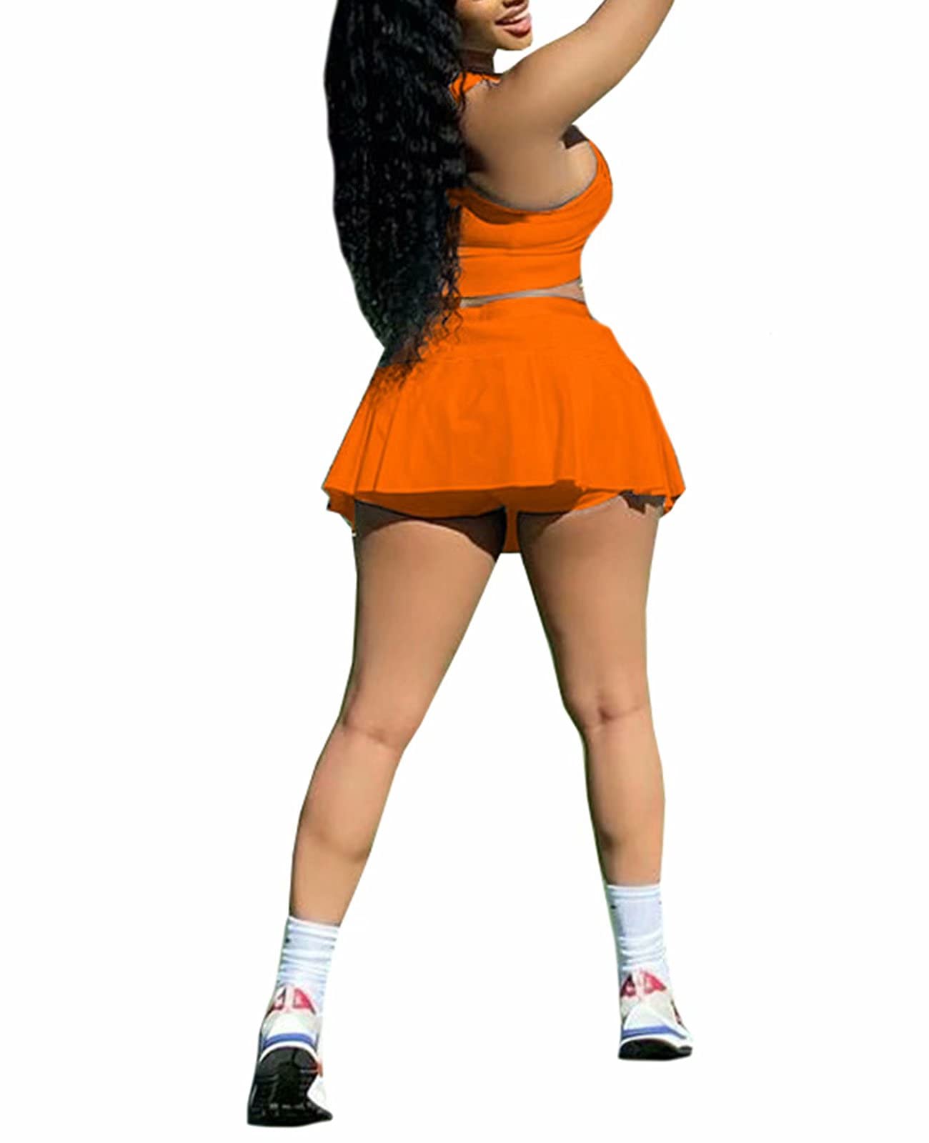 Sexy Sports 2 Piece Outfits - Slim Tank Crop Top High Waist Tennis Golf Pleated Skirt Bodycon Athletic Suit Orange M