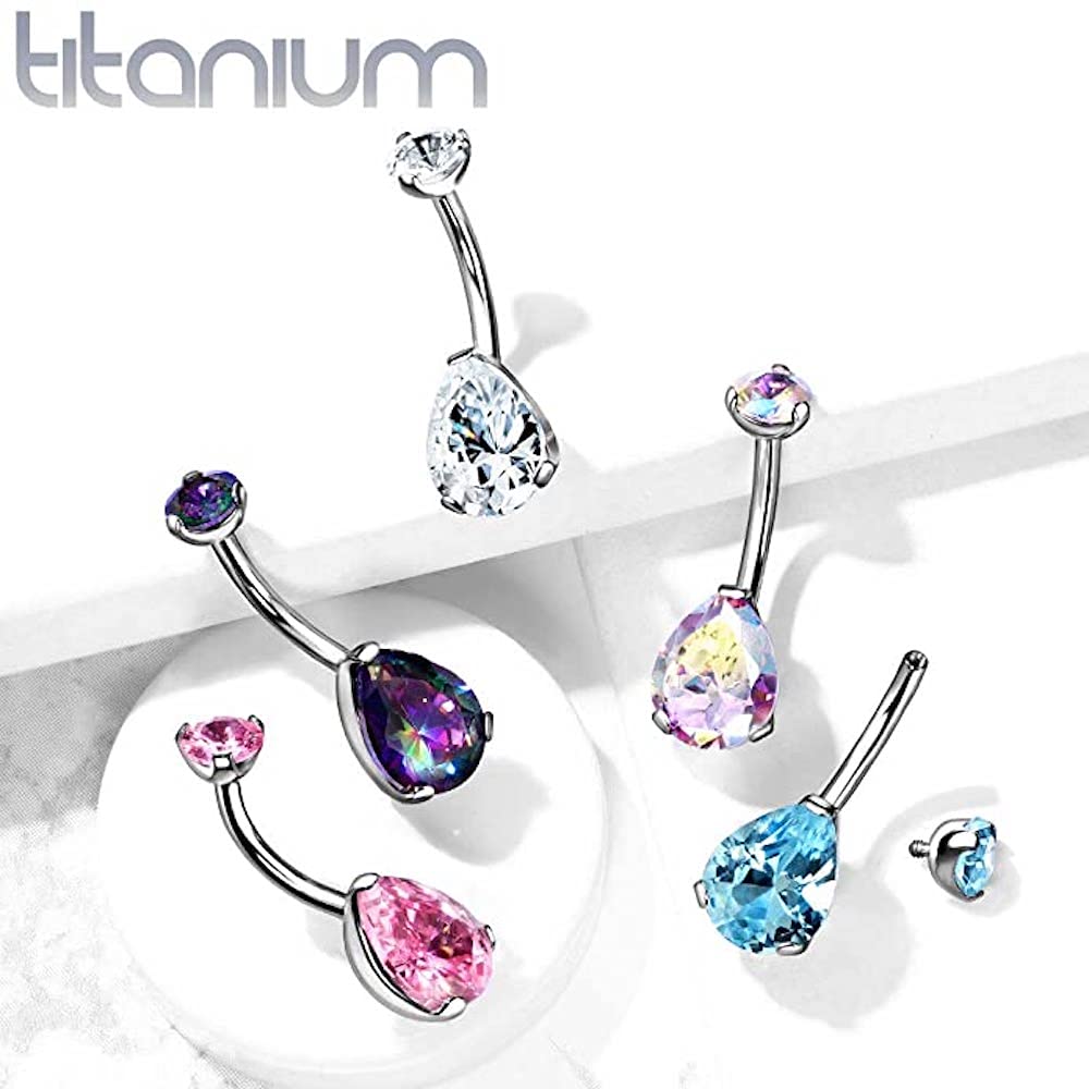 Covet Jewelry Titanium Internally Threaded Top Prong Set Pear CZ Belly Button Navel Rings (Aurora Borealis)