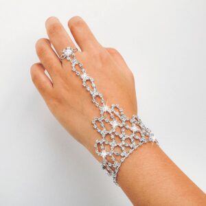 ACEDRE Rhinestone Bride Ring Chain Bracelet Silver Sparkly Crystal Bangle Finger Bracelets Wedding Hand Jewelry for Women