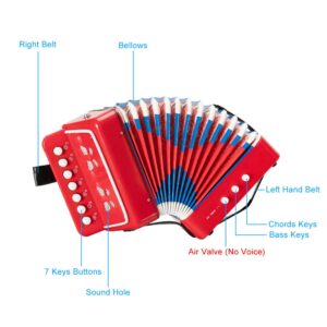 10 Keys Button Accordion for Kids ,Mini Accordian Musical Instrument for Early Childhood Development ,Gift for Family, Beginners Red