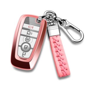 for ford key fob cover case premium soft tpu protector holder with compatible with 2018 2019 ford fusion f150 f250 f350 f450 f550 edge explorer escape mustang remote keyless entry (pink)