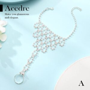 ACEDRE Rhinestone Bride Ring Chain Bracelet Silver Sparkly Crystal Bangle Finger Bracelets Wedding Hand Jewelry for Women