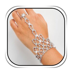 acedre rhinestone bride ring chain bracelet silver sparkly crystal bangle finger bracelets wedding hand jewelry for women